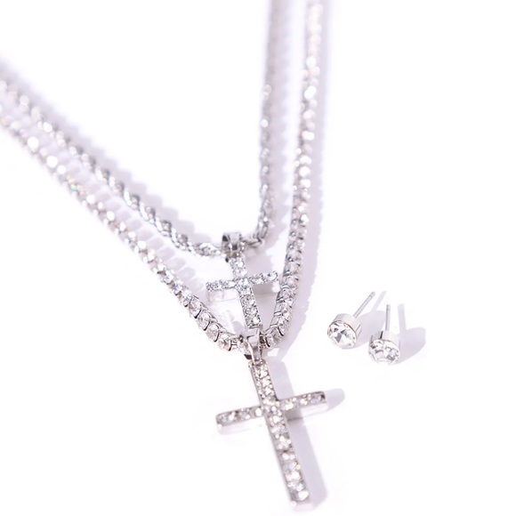 Jewelry | Silver Layered Double Cross Necklace Wmatching Earrings ...